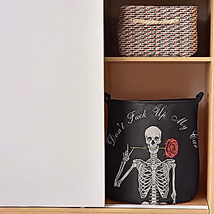 Laundry Hamper Foldable Laundry Basket, Red Roses Skeleton Waterproof Clothes Hamper for Bathroom Bedroom Living Room, Rustic Skull Victory Gesture Toy Baskets for Dollhouse 16.5"x17"