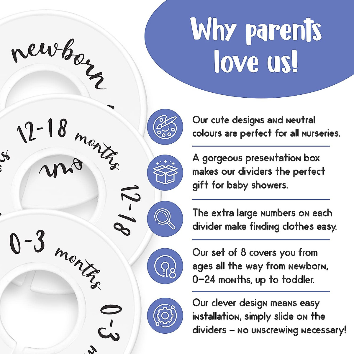 Eli with Love Baby Closet Dividers (Original) – Set of 8 Baby Closet Size Dividers – Ideal Baby Clothes Dividers for Closet – Helps Organize Nursery Closet Hangers by Size/Age