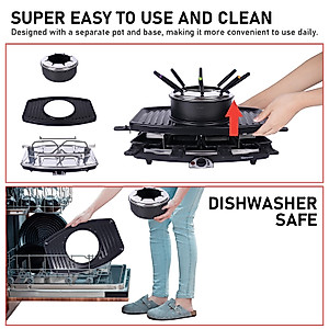 Mavouse Electric Fondue Pot Sets with Barbecue Grill, Electric lndoor Raclette Table Grill for 8 People, Adjustable Temperature Control and 8 Paddles, Perfect for Parties and Family Fun