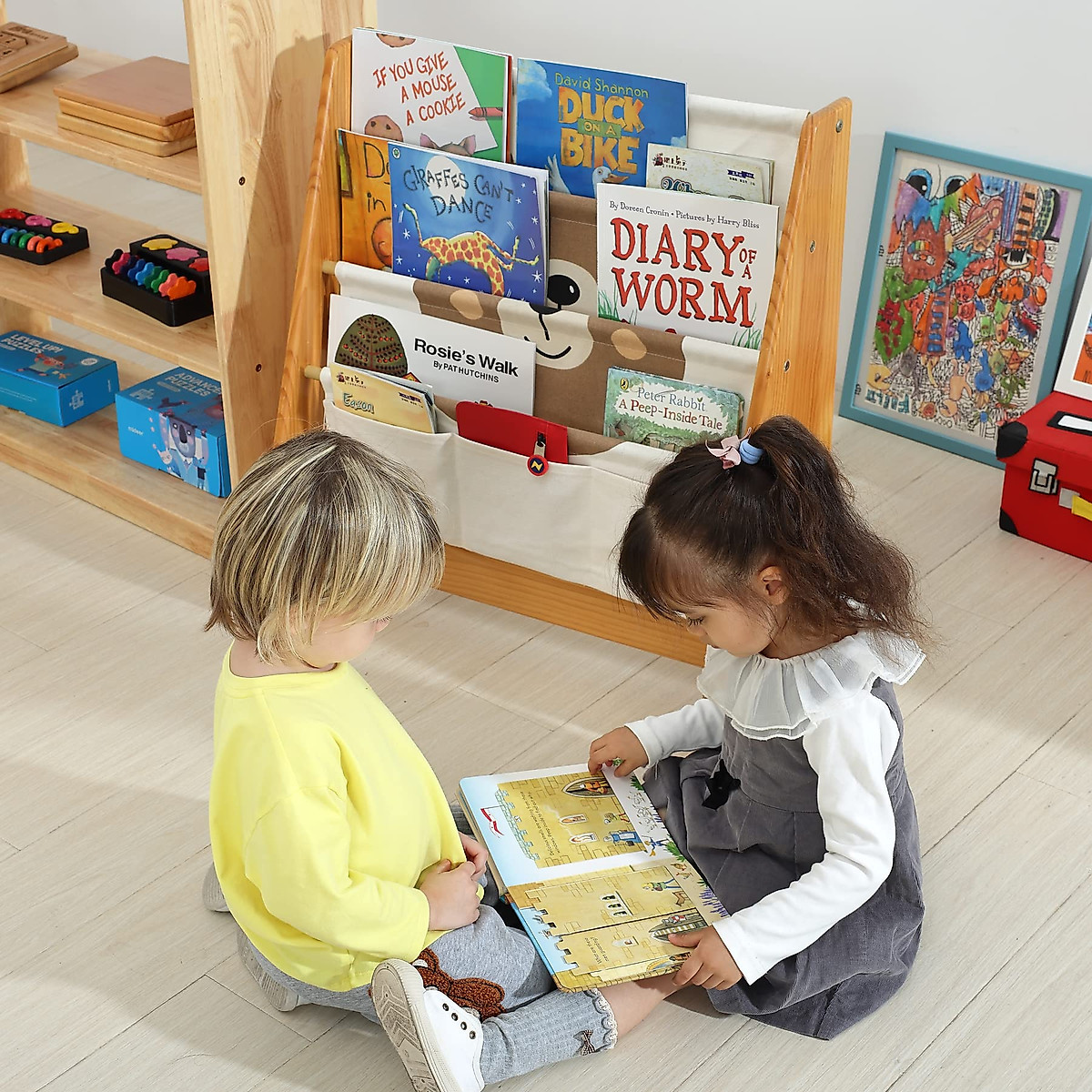 KRAND Kids Sling Bookshelf for Toddler Boys and Girls Book Rack Storage Baby Bookcase Organizer,Features Strong Canvas Sleeves&Solid Wood Structure (Natural/Basic)