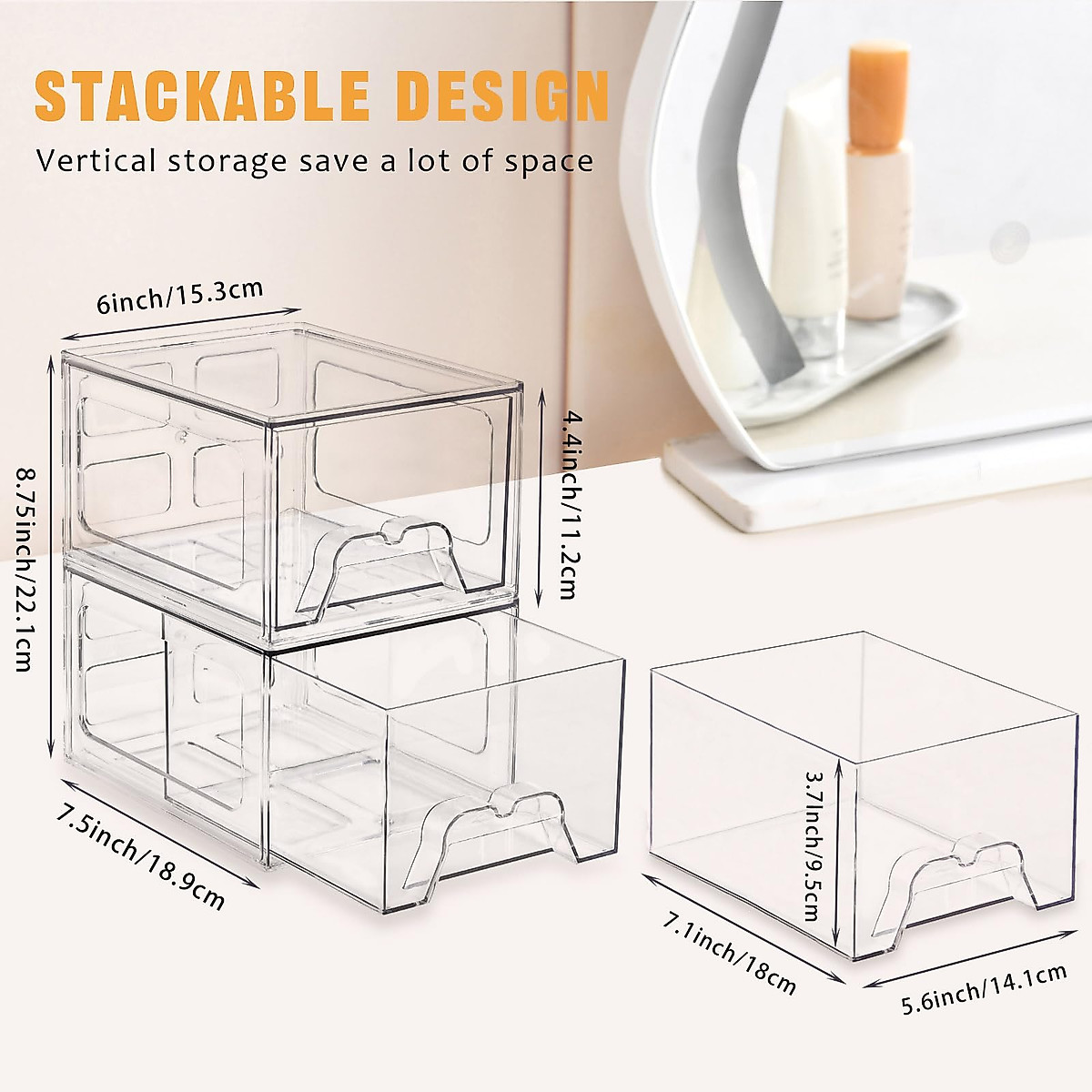 Stebopum Clear Acrylic Makeup Storage Organizer, 3 Pack Stackable Perfume Organizer with Detachable Stands, Dustproof Cosmetic Display Cases with Magnetic Door for Vanity, Bathroom Countertop