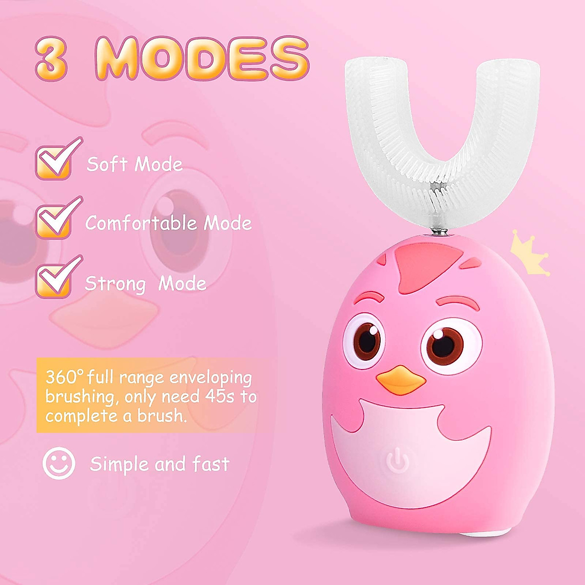 Twinto Electric Toothbrush Kids, U-Shaped Children's Toothbrush, Waterproof Cordless Rechargeable Toothbrush Teeth Whitening for 3-6 Years Boys Girls (Pink)