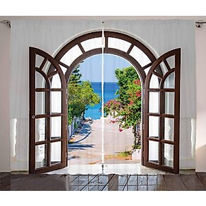 Ambesonne Beach Curtains, Ocean Sea View from Summer Season Italian Design in Garden Image, Living Room Bedroom Window Drapes 2 Panel Set, 108 X 63, Blue White