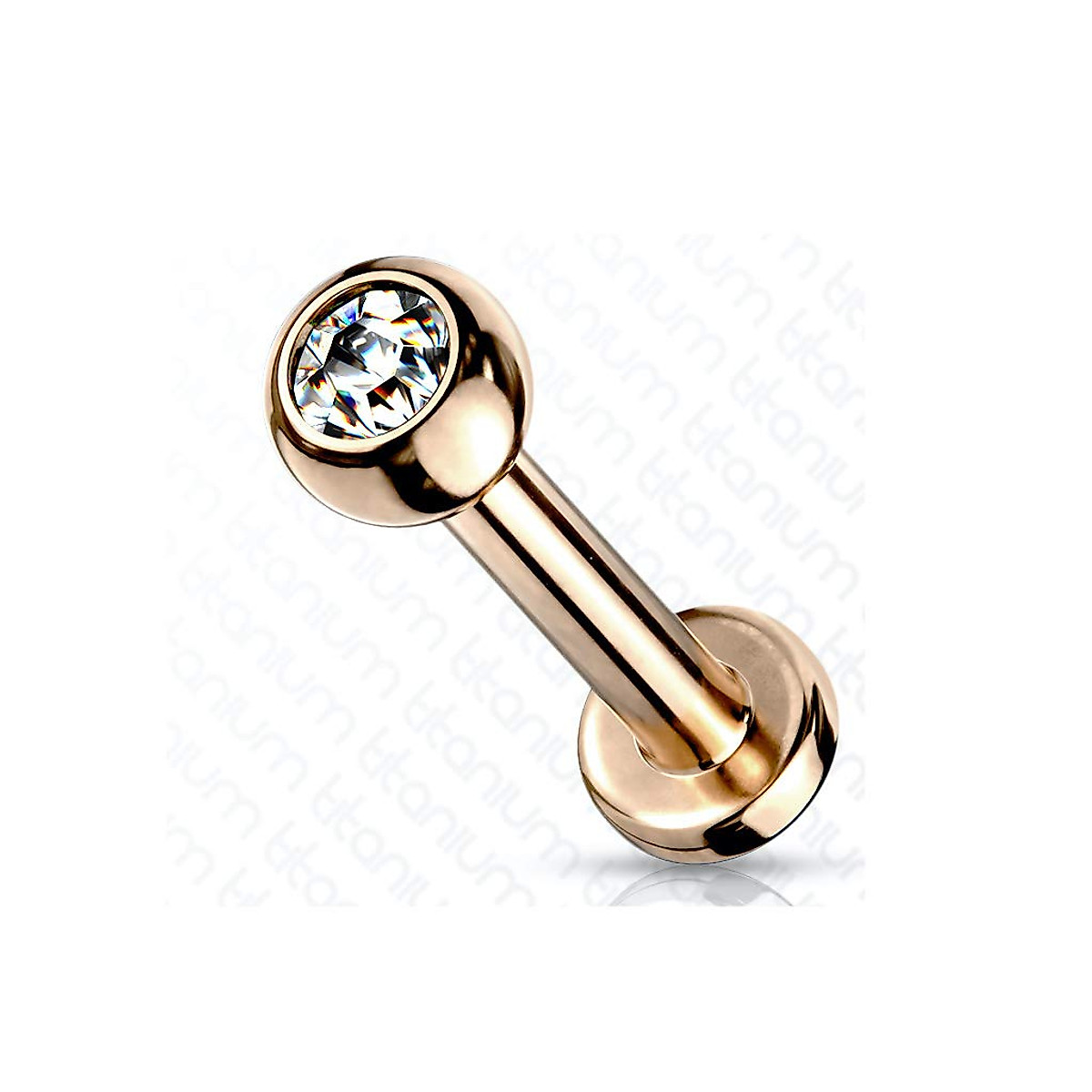 Amelia Fashion Solid G23 Implant Grade Titanium Internally Threaded Labret Studs With Jeweled Ball Set (Choose Color) (Rose Gold, 16GA, L. 8mm, Ball: 3mm)