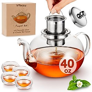 Large Glass Teapot Set, TeaPot (40 OZ/1200ml) with 4 Double Wall Teacups & Removable Stainless Steel Infuser, Stovetop Safe Tea Kettle, Blooming & Loose Leaf Tea Maker Set, Microwave Dishwasher Safe