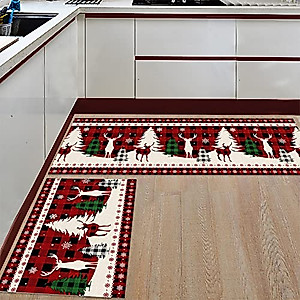 2 Piece Christmas Kitchen Rug Set Christmas Tree Reindeer Indoor Floor Mats for Winter, Xmas Door Mat Runner Rug Carpet Mat for Kitchen Home Decor (15.7"x23.6" + 15.7"x47.2") - Red Black Buffalo Plaid