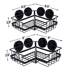 LEVERLOC Angle-adaptive Suction Cup Shower Caddy with Hooks, Heavy Duty Stainless Steel Shower Basket Organizer for Bathroom, Drill-Free Removable Rustproof Shower Rack, Black, 2 Pack