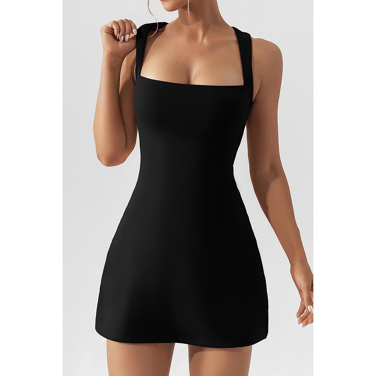 QINSEN Woman's Square Neck Tank Top Dress Tummy Control High Waist Flared Tennis Dress Black Small