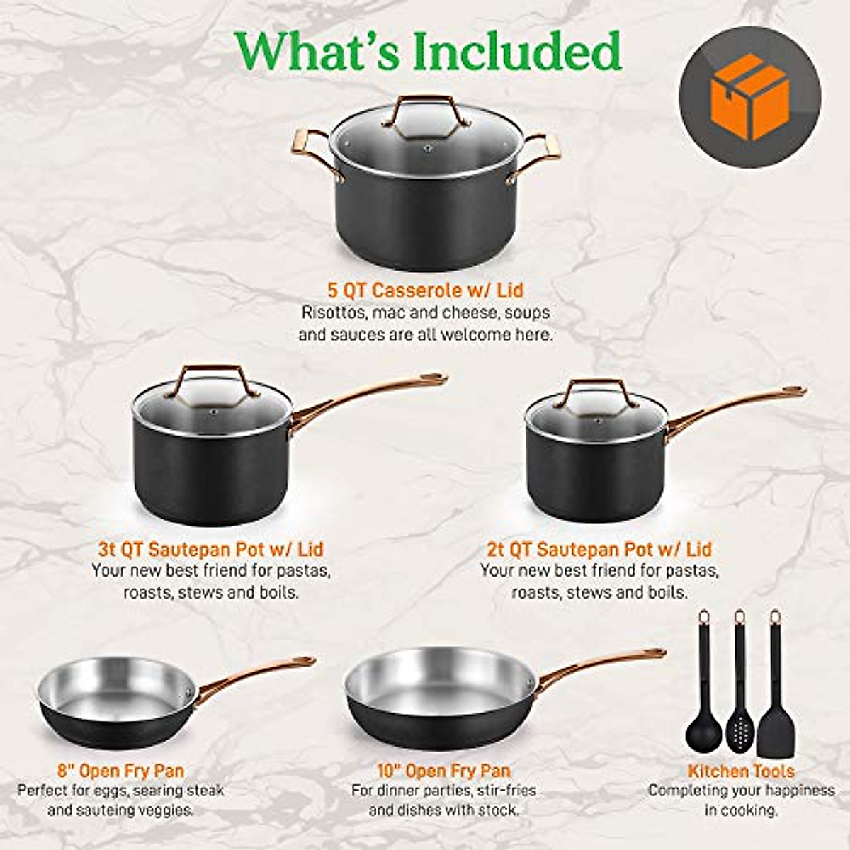 NutriChef 11 Pcs. Stylish Kitchen Set w/Modern Cookware Design Non-Stick Kitchenware Pots & Pans, Small & Medium Skillet Fry Pans w/Golden Handles, NCONYX