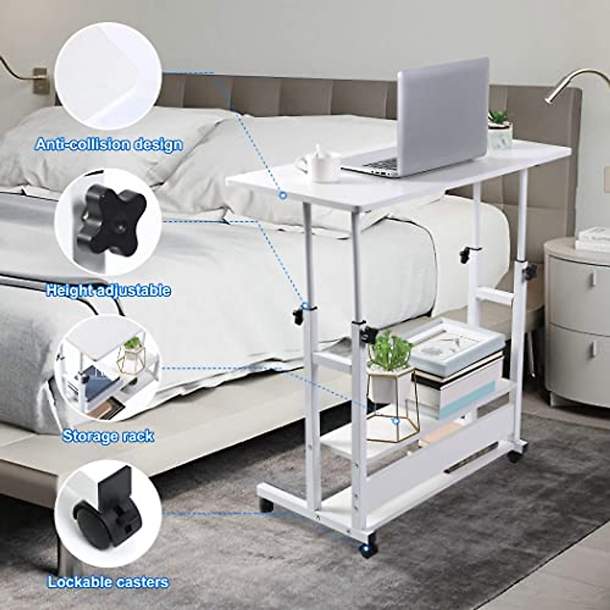 Portable Desk for Bedroom Height Adjustable 31x16 inch Storage Rolling Desk Modern Laptop Table Home Office Workstation Sofa Side Table with Wheels for Living Room Mobile Couch Small Study Desk White