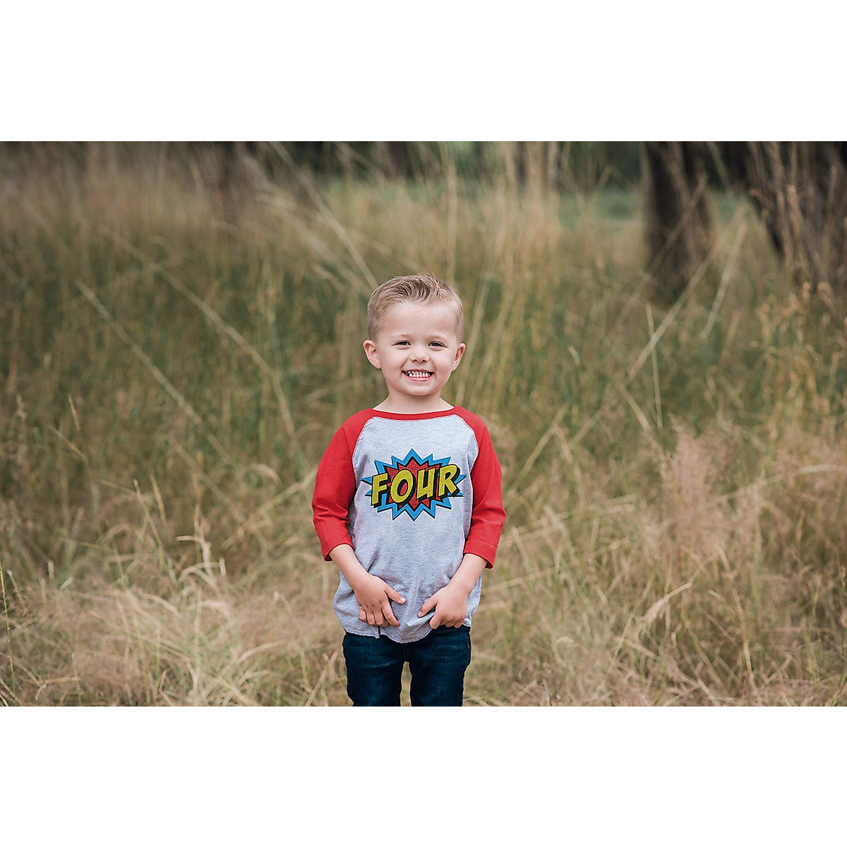 7 ate 9 Apparel Boy's Birthday Four 4 Fourth 4th Superhero Red Raglan 4T