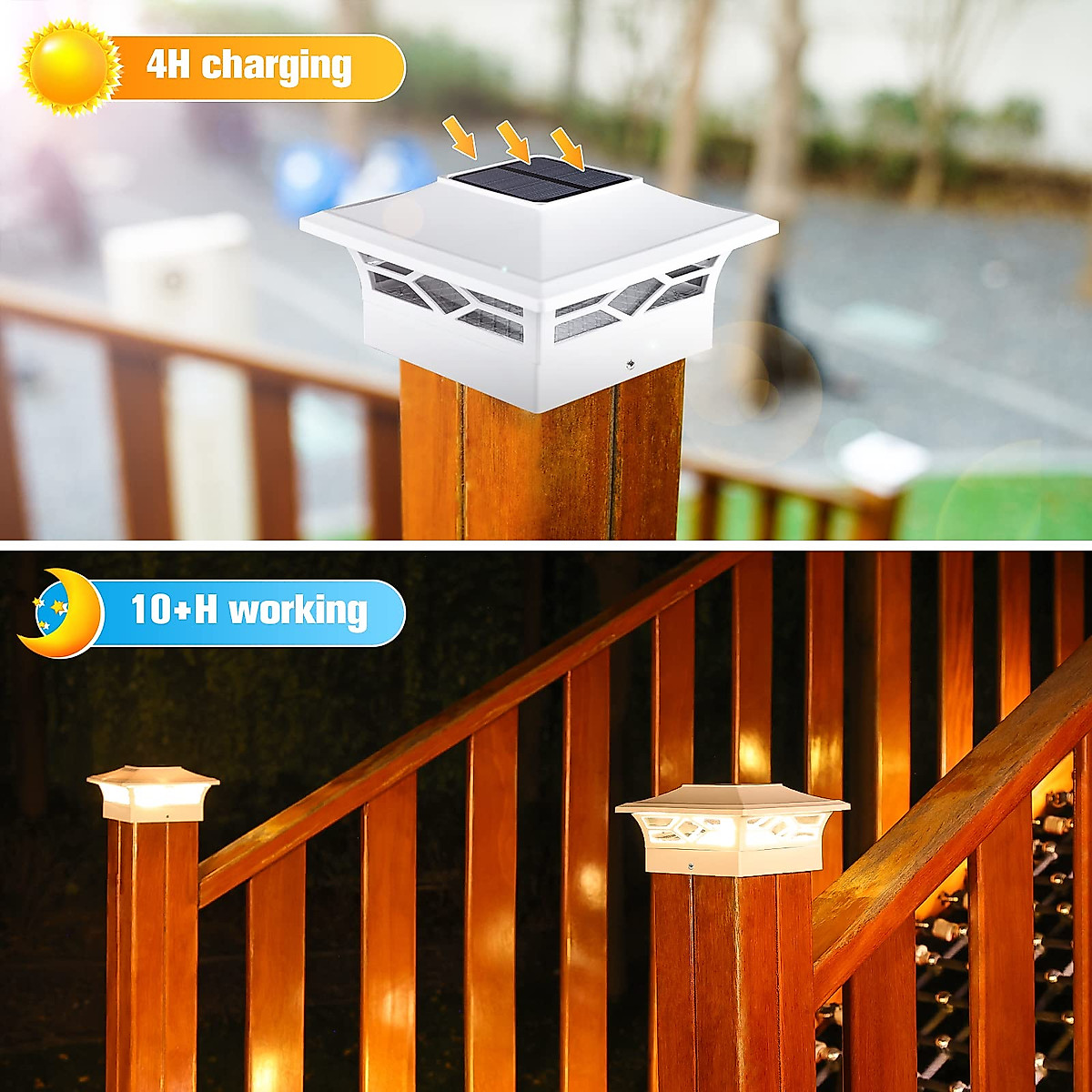 VOLISUN Solar Post Cap Lights,6Pack Outdoor Fence Post Cap Lights, White/Black Solar Powered Deck Lights for Dock Waterproof 2 Color Modes,4x4/6x6 Wooden/Vinyl Posts