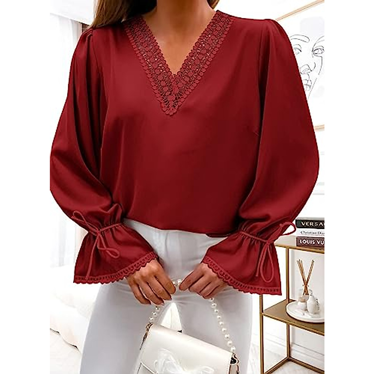 Dokotoo Fall Blouses for Women Long Sleeve Shirts Lace Trim V Neck Chiffon Solid Color Tunic Tops Loose Fit Stylish Burgundy Tops Casual Spring Summer Flowy Work Shirts Large