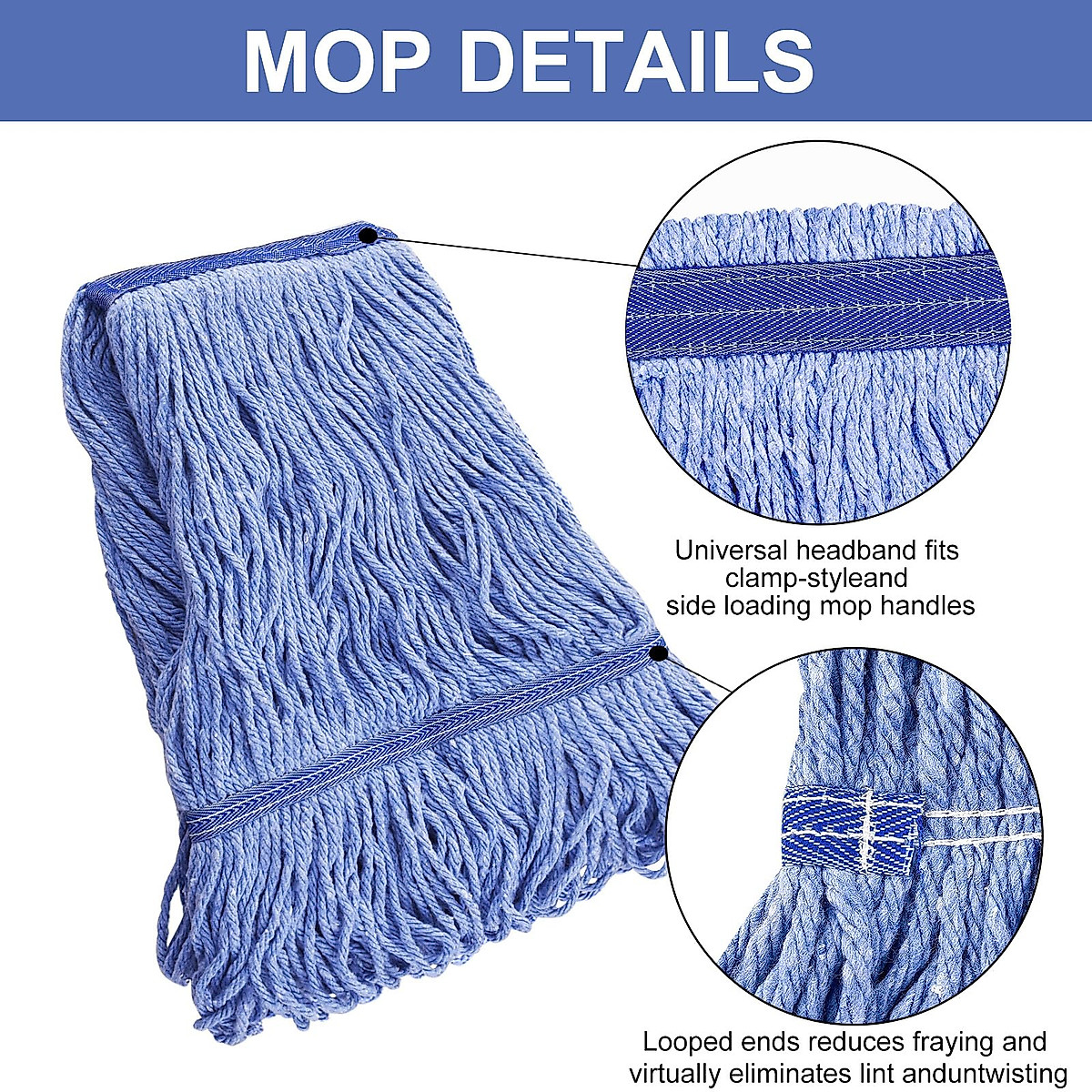 GRAREND Mop Head Replacement for Heavy Duty Commercial Mops for Floor Cleaning, Wet Industrial Blue Cotton Looped End String Head Refill (Pack of 4)