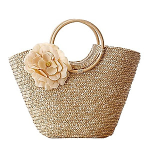 HBJE Beach Bags Women Totes Bags Handmade Knitting Large Straw Ladies Handbags Summer Flowers Rattan Woven Bag Purses,Beige