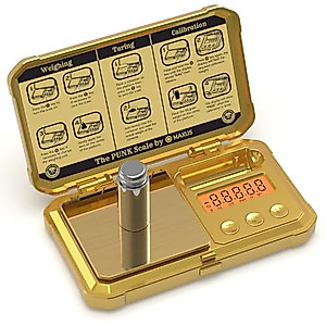 MAXUS Steampunk Digital Scale 200g x 0.01g Precision with 50g Calibration Weight. Golden, Skull-Embossed, Backlit LCD, Stainless Steel Platform for Food or Items.