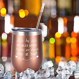 Friends Wine Tumbler Set of 4, Side By Side or Miles Apart Friends Are Always Close at Heart Wine Tumbler for Long Distance Friendship, 12 Oz Stainless Steel Insulated Wine Tumbler with Lid and Straw