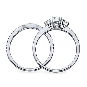 BERRICLE Sterling Silver 3-Stone Wedding Engagement Rings Round Cubic Zirconia CZ Ring Set for Women, Rhodium Plated Size 8