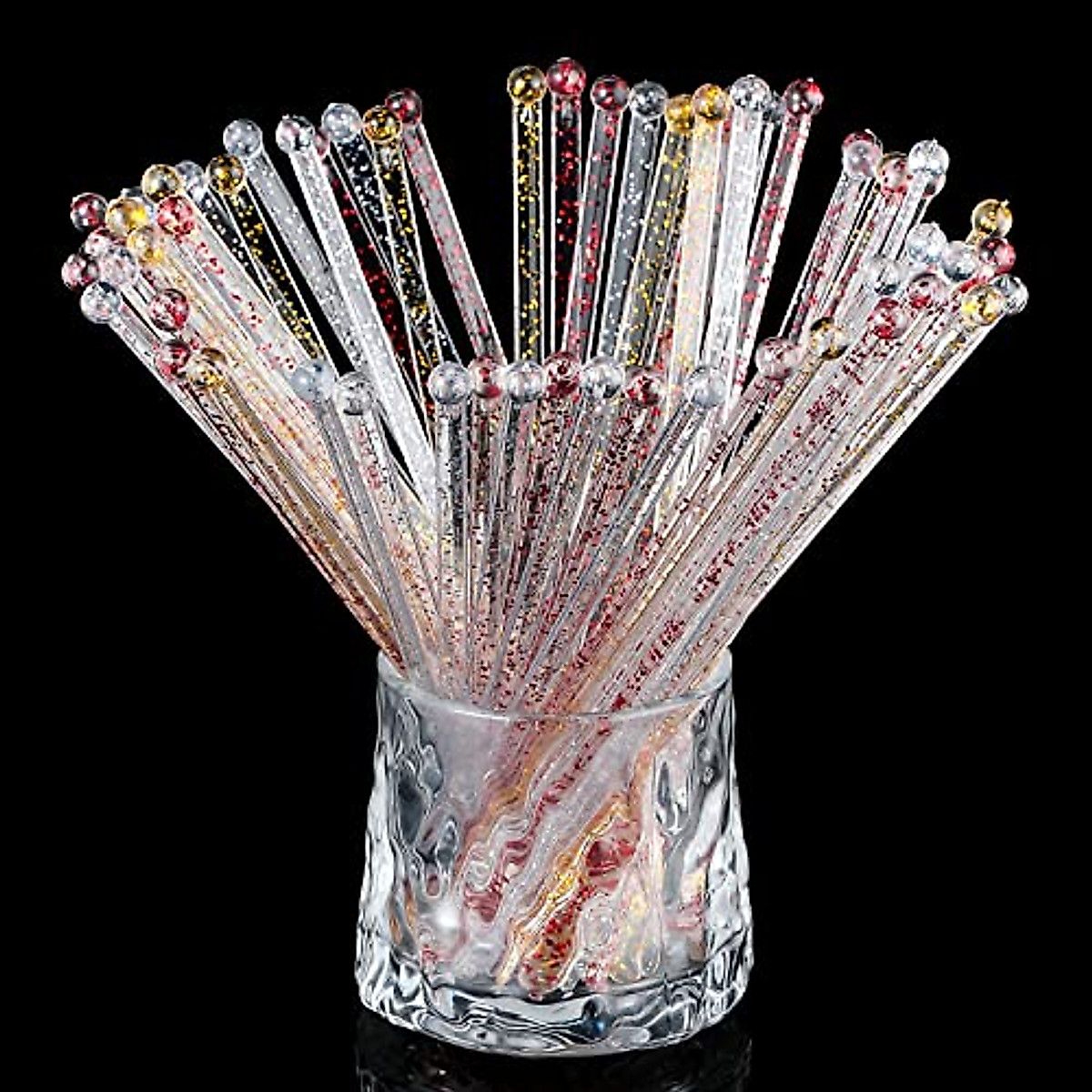 100 Pieces Disposable Plastic Round Top Crystal Swizzle Sticks Glitter Plastic Swizzle Sticks Cocktail Coffee Drink (Silver, Gold, Red)