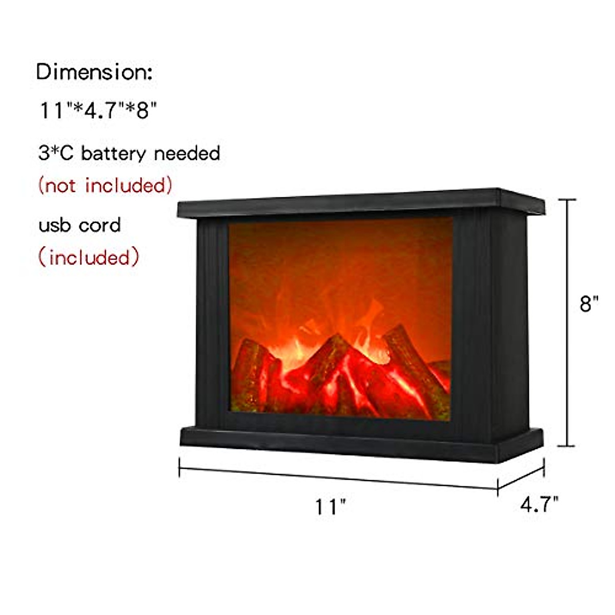 Fireplace Lanterns Decorative Flameless Portable Led Lantern Battery Operated and USB Operated 6 Hours Timer Included Indoor/Outdoor(No Heater Function Black Rectangle Size:11x4.7x8 Inch)