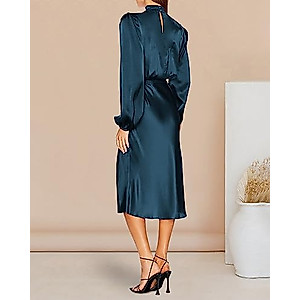 PRETTYGARDEN Women Fall Formal Mock Neck Long Sleeve Satin Dress Elastic Waist High Slit Midi Wedding Guest Dresses 2023(Solid Dark Blue,Medium)