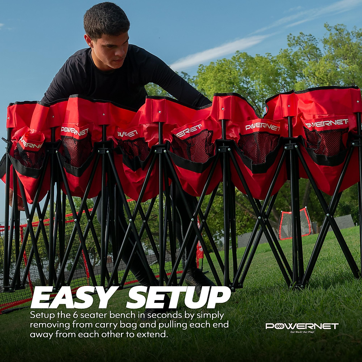 PowerNet Carli Lloyd 6 Seater Team Bench | Backpack Style Carry Bag Included | Ultra Portable | Great for Teams | Soccer Basketball Football