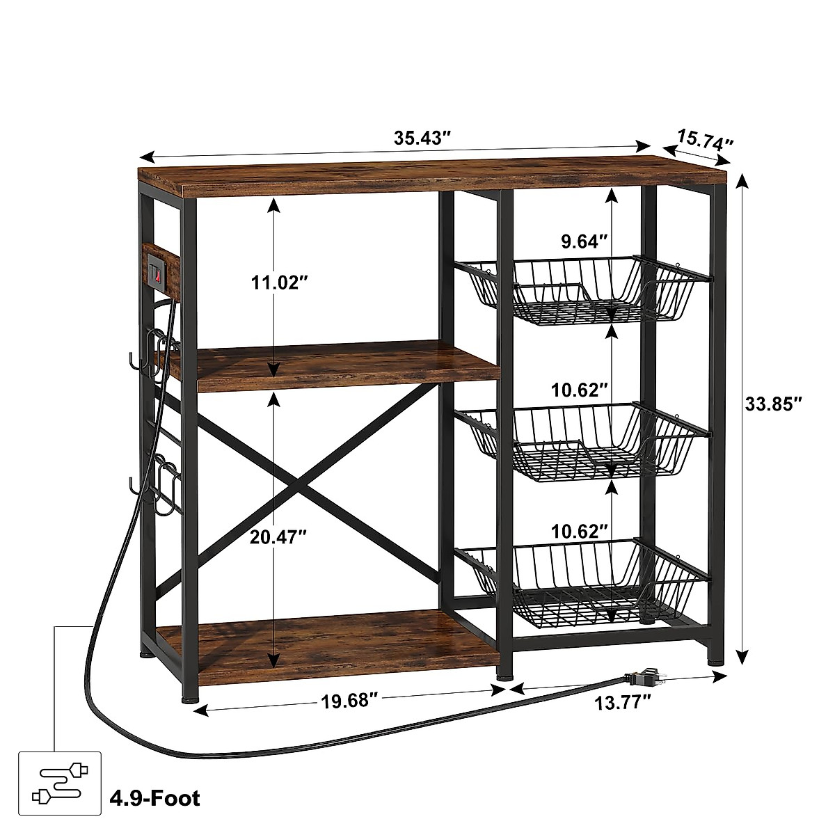 Homeiju Kitchen Island, Baker's Rack with Power Outlet, Microwave Stand, Coffee Bar with 3 Removable Wire Baskets, Kitchen Storage Rack with 6 S-Hooks for Spices, Pots and Pans - Rustic Brown