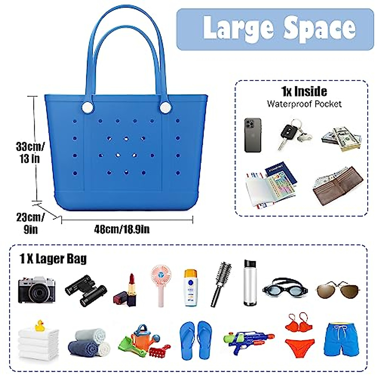 MYHOZEE Beach Bag Large Rubber Tote Bag With Holes,for Women，Washable Open Tote Handbag Waterproof Tote Swim Bag for Beach Pool Sports Market Outdoor shopping