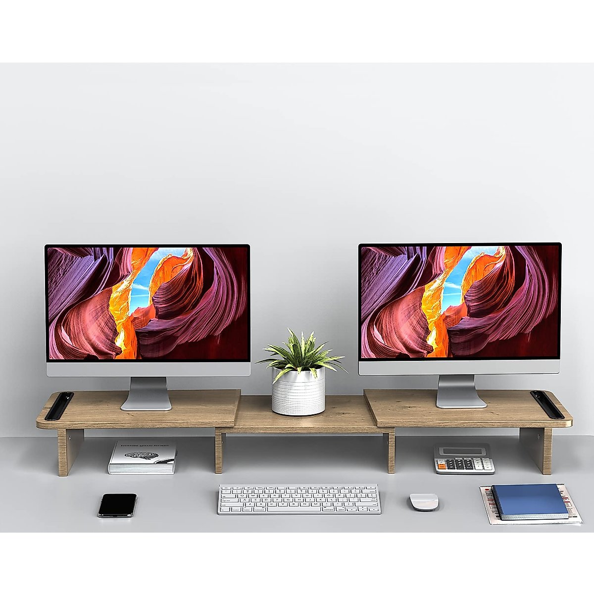 Zimilar Dual Monitor Stand Riser, Monitor Stand with Adjustable Length and Angle, Wood Monitor stand for desk, Monitor Riser for 2 monitors with Storage Space (Oak Large)