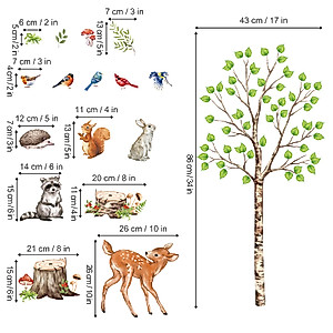 decalmile Woodland Animal Wall Decals Birch Tree Squirrel Deer Wall Stickers Baby Nursery Kids Bedroom Wall Decor(Tree Height: 34Inches)