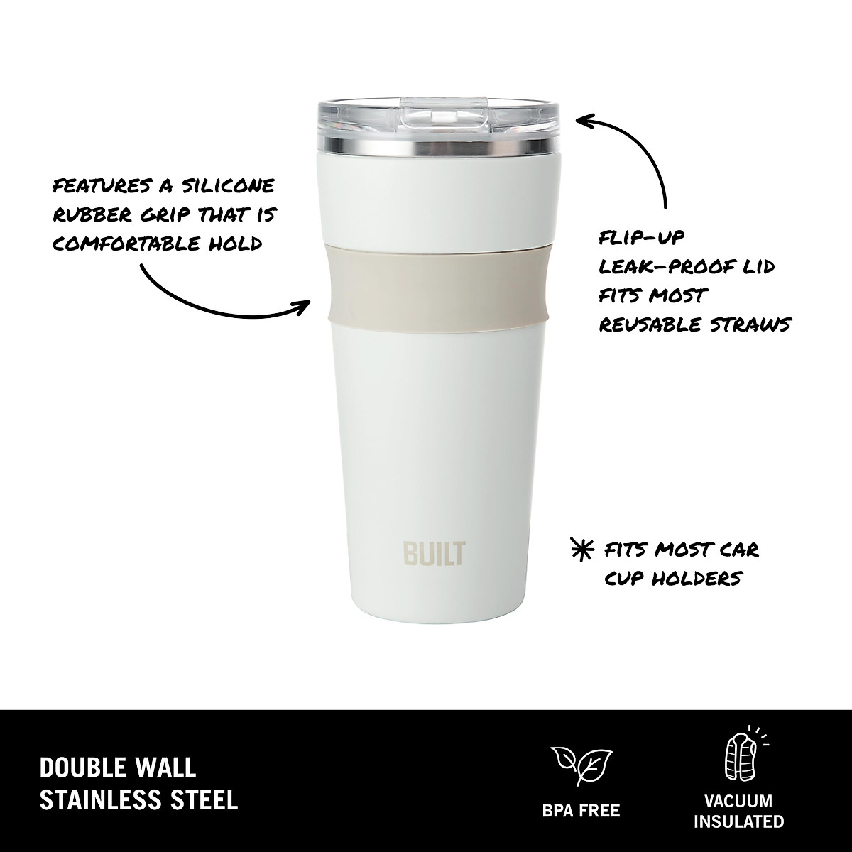 BUILT 24oz Shasta Double Wall Vacuum Insulated Stainless Steel Tumbler with Easy to Clean Flip to Open Lid, Marshmallow