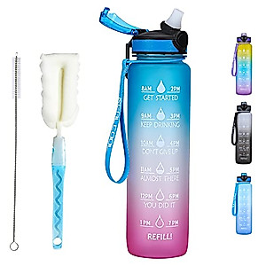 RealCool Water Bottle with Straw, Motivational Water Bottle with Times to Drink for Women Men-32 oz Gym Water Bottle Leakproof BPA Free Sports Water Bottle with 2 Brush, Blue Pink