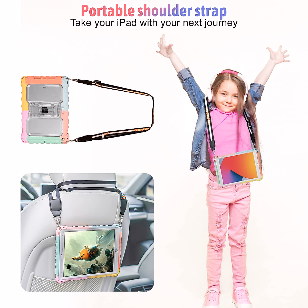 TopEsct iPad 9th/8th/7th Generation Case, iPad 10.2 Case for Kids with Portable Shoulder Strap, PET Screen Protector & Shockproof Silicone, Rainbow