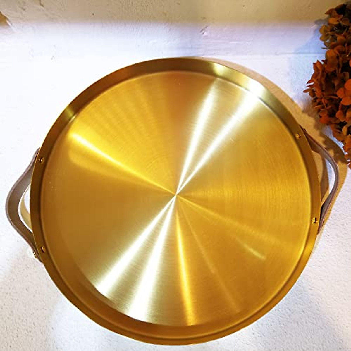 12 Inch Round Golden Tray with Brown Handle, Metal Vanity Tray with Mirror Finish, 1”Deep Decorative Brass Tray Serving Platter for Dessert Table, Jewelry, Exxacttorch