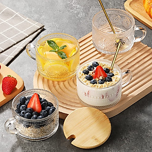 Newpow Vintage Coffee Mugs Set of 4, Glass Cups Overnight Oats Containers with Bamboo Lids and Spoons, Cute Coffee Bar Accessories, Iced Coffee Glasses - Clear 13oz