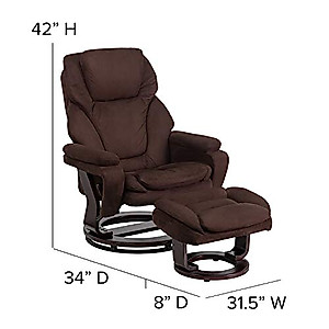 Flash Furniture Contemporary Multi-Position Recliner and Ottoman with Swivel Mahogany Wood Base in Brown Microfiber