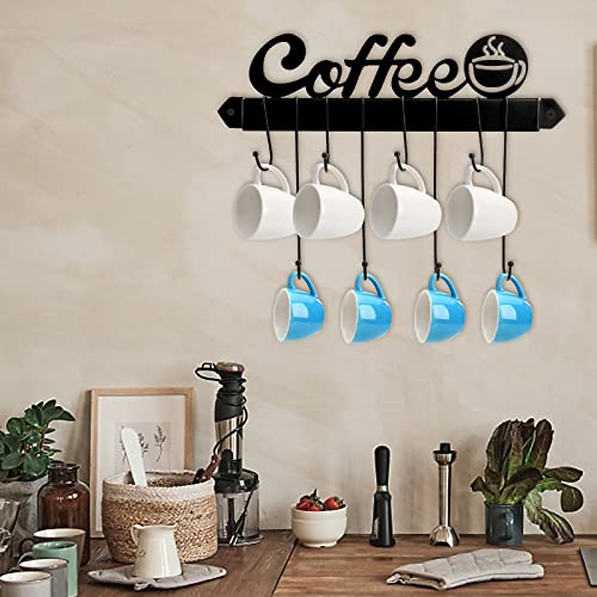 Suwimut Coffee Mug Wall Rack, Coffee Cup Holder Wall Mounted with 8 Adjustable Hooks and Metal Coffee Sign, Decorative Tea Cup Hanger Display for Coffee Bar, Kitchen, Counter, Office