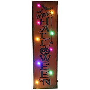 Haunted Hill Farm 45-in. Happy Halloween Porch Leaner Sign with LED Lights, Battery Operated, Festive Holiday Decor, Jack-O-Lantern, Bats in Orange & Black
