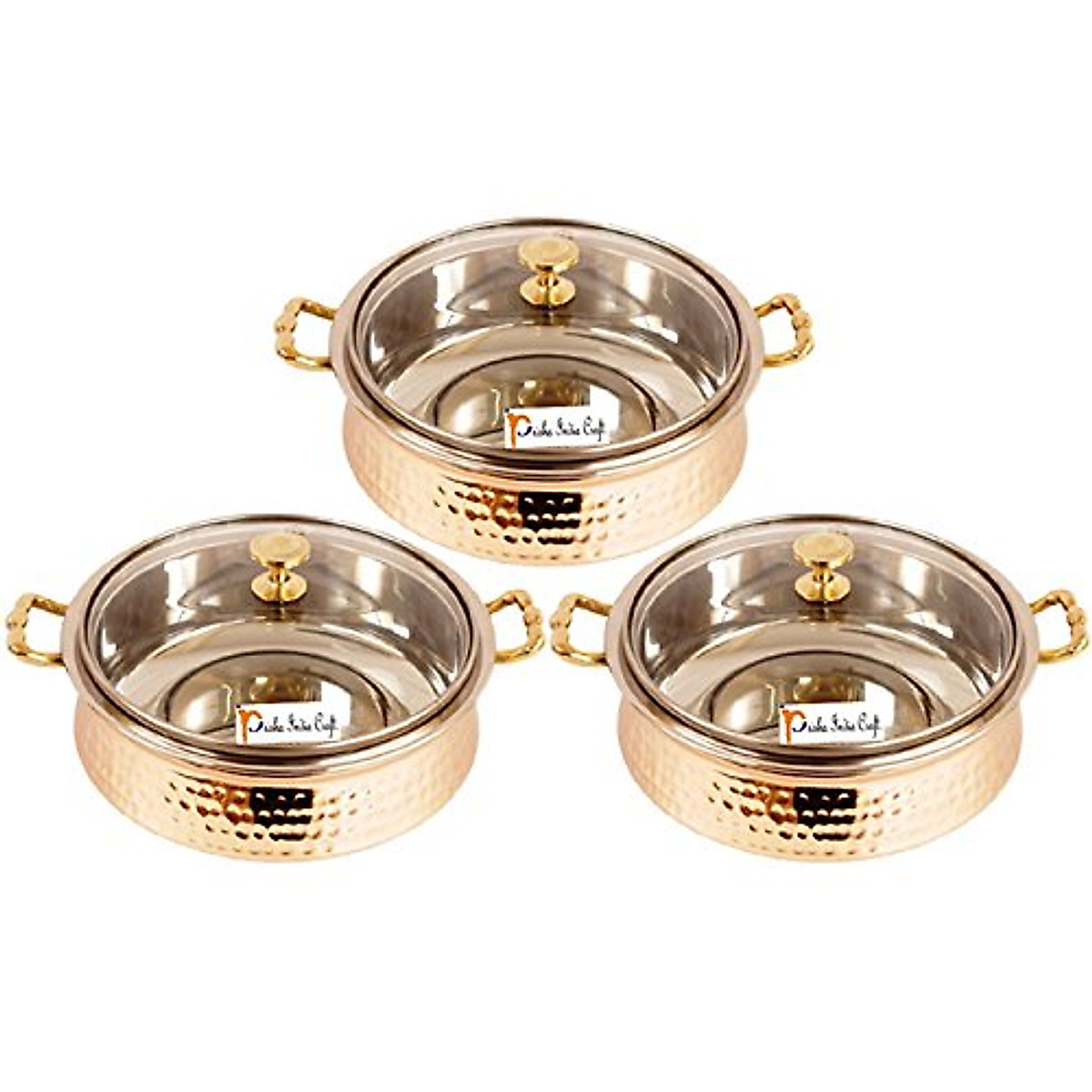 Set of 3 Prisha India Craft SMALL SIZE Steel Copper HANDI with Lid and Serving Spoon - Set of Copper Handi and Serving Spoon - Bowl Dia - 5.00" X Height - 2.25" - Christmas Gift