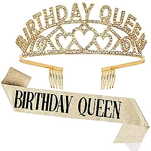 Birthday Crowns for Women, Didder Birthday Queen Rhinestone Tiara & Sash Kit,Birthday Tiaras and Crowns for Women Gold Crown for Girls Birthday Girl Crown 21 Glitter Birthday Sash for Women Gift Party