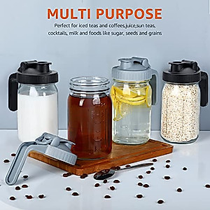 Mason Jar Pour Spout Lid - 32oz Black Glass Pitcher with Lid & Mixing Spoon Food Grade and Safe, 1 Quart Sturdy Wide Mouth Nice for Breastmilk, Drink, Iced Tea, Juice