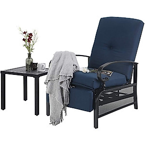 PHI VILLA Outdoor Recliner Chairs with Side Table, Oversized Patio Recliners Outdoor Metal Chaise Lounge Chairs with Removable Cushion for Garden, Poolside, Deck, Blue