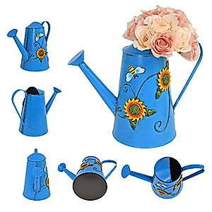 Westcharm Decorative Sunflower & Bee Metal Watering Can (Vol: 10 Cups) | Large Blue Watering Can | Garden Décor Housewarming Gift for Mother Women Friends Gardeners Plants Lovers
