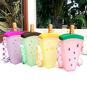 12Oz (350ML)Cute Water Bottles with Straws, Creative Kawaii Popsicle Cups, Leakproof Plastic Popsicle Bottles with Shoulder Strap, Multi-Colored Juice Drinking Bottle Suitable for Adult Children
