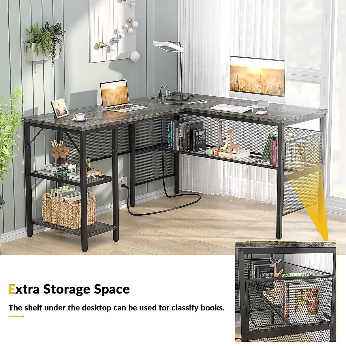 Unikito L Shaped Corner Computer Desk with USB Charging Port and Power Outlet, Storage Shelves, Reversible, Industrial 2 Person Gaming Table Modern Home Office Desks, White Oak