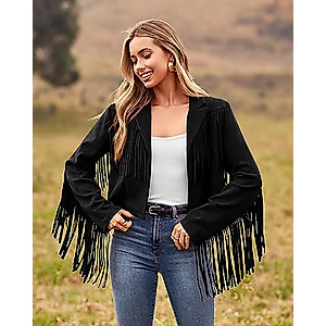 BTFBM Women Fashion Cropped Tassel Fringe Faux Suede Leather Jacket Fall Winter Long Sleeve Lapel Neck Moto Coat Outwear(Solid Black, XX-Large)