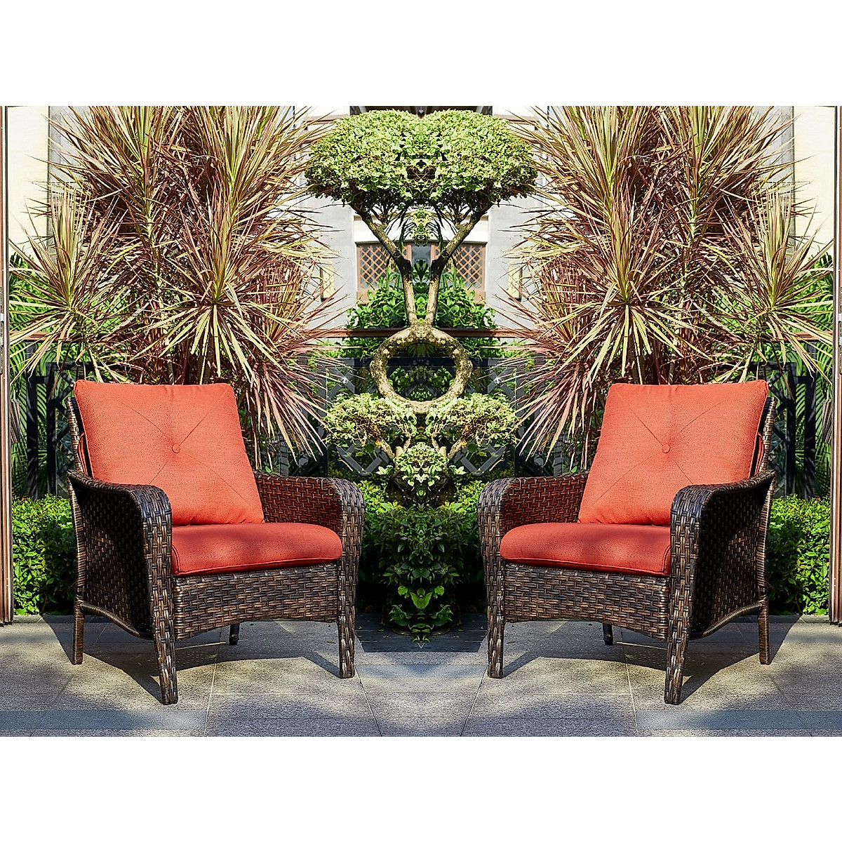 Rilyson Outdoor Patio Wicker Dining Chairs Set of 2, Rattan Single Sofa Chair 2 Piece, Porch Lawn Armchair Wicker Dining Chair with Deep Seating and Cushion (Brown/Red)