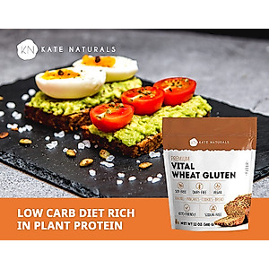 Kate Naturals Vital Wheat Gluten for Bread Making, Baking & Seitan (12oz). Natural Powder for Bread Machine. Non-GMO, High Protein Flour, Low Carb Bread for Vegan Gluten & Keto