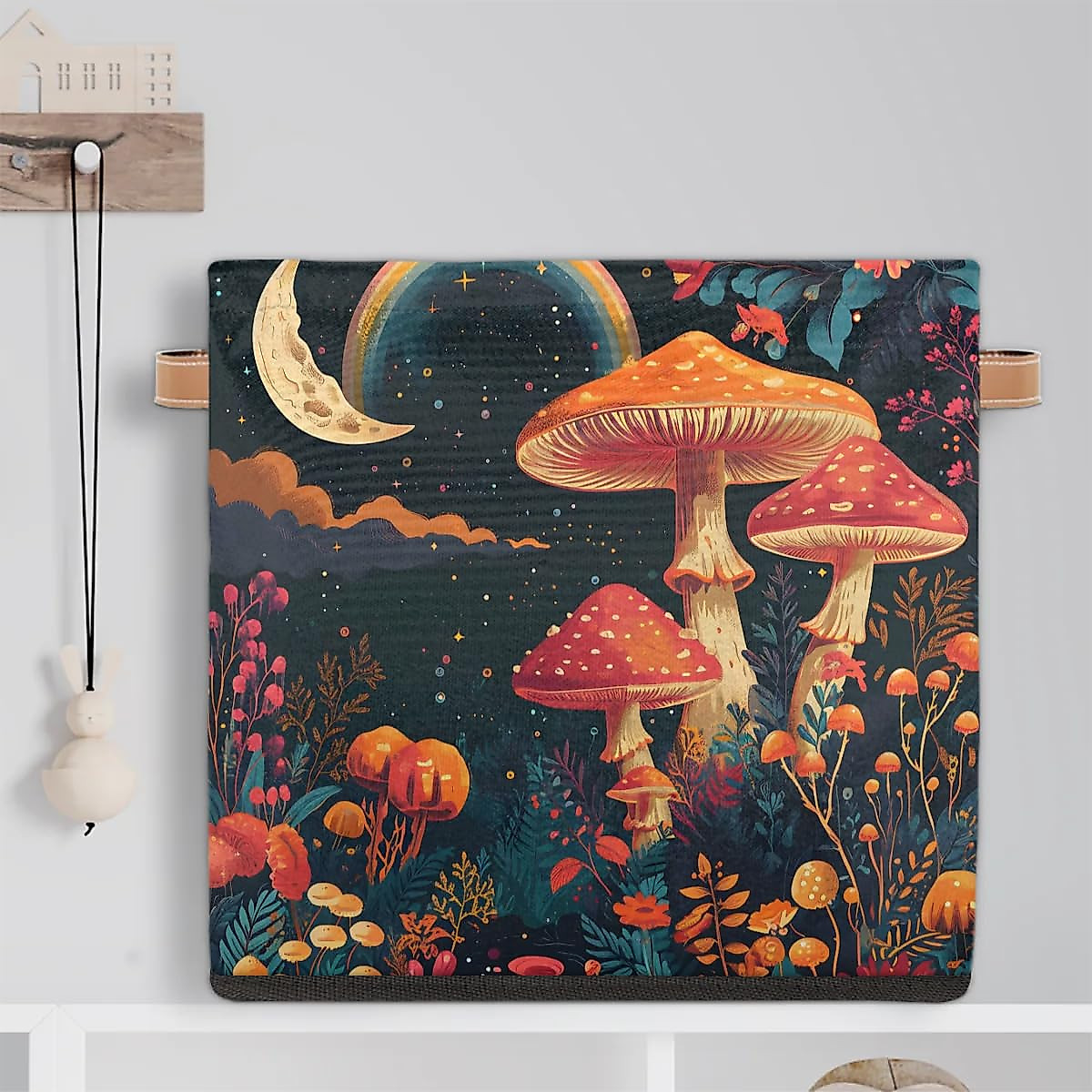 Mardesigns Mushroom Cube Storage Bins 13 x 13 x 13 Inch Botanical Floral Moon Fabric Foldable Storage Cubes Basket Boxes with PU Handles for Shelves Closet Bedroom Organizer Clothes