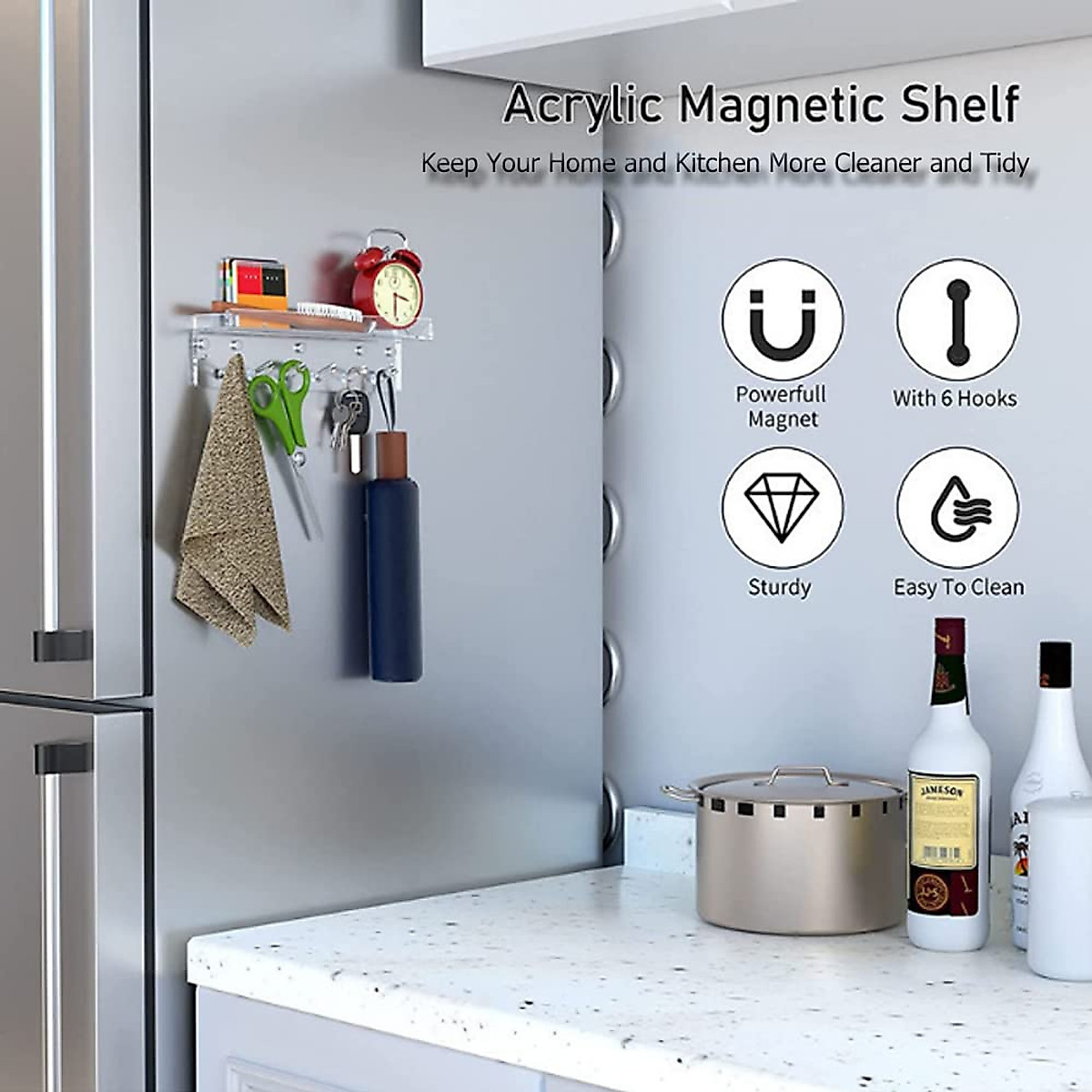 YUEHUA Magnetic Key Holder for Refrigerator, Acrylic Wall Mounted Key Rack with Mail Organizer for Home, Adhesive Key & Mail Holder Hanger - 6 Hooks (Clear)
